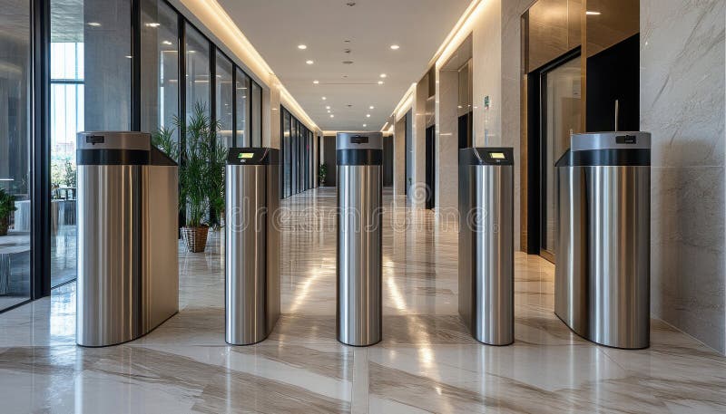 Modern Office Building Security System Featuring Turnstile Access ...