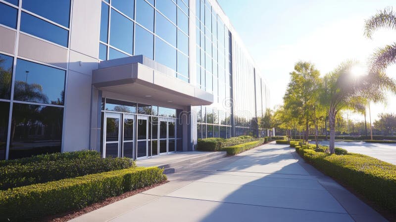 Modern Office Building Shows Entrance with Landscaping and Sunlight ...
