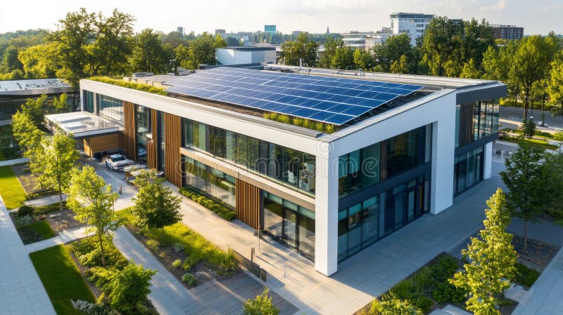 Modern Office Building with Solar Panels and Green Roof Stock ...