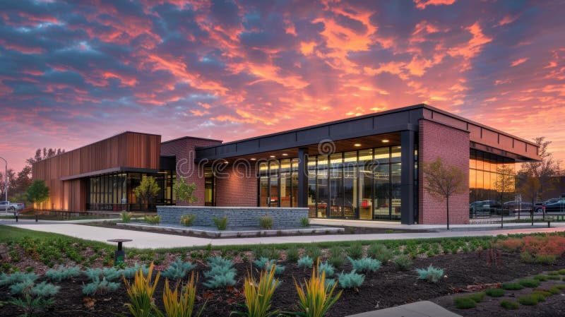 Modern Office Building at Sunset with Dramatic Sky Stock Illustration ...