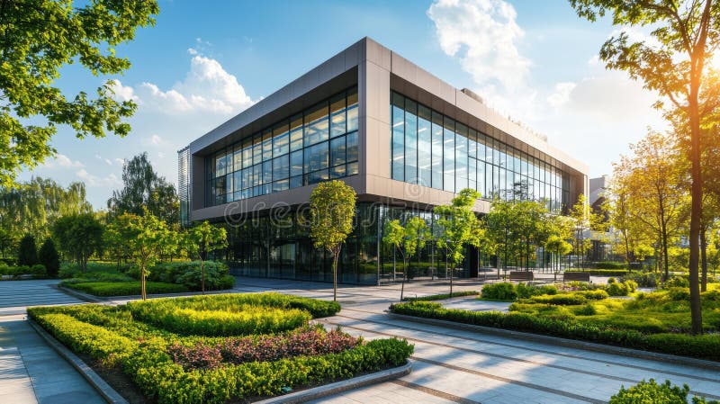 Modern Office Building Surrounded by Lush Greenery Stock Illustration ...