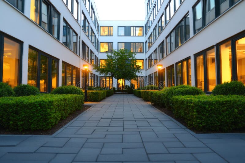 Modern Office Building with Symmetrical Courtyard and Greenery Stock ...