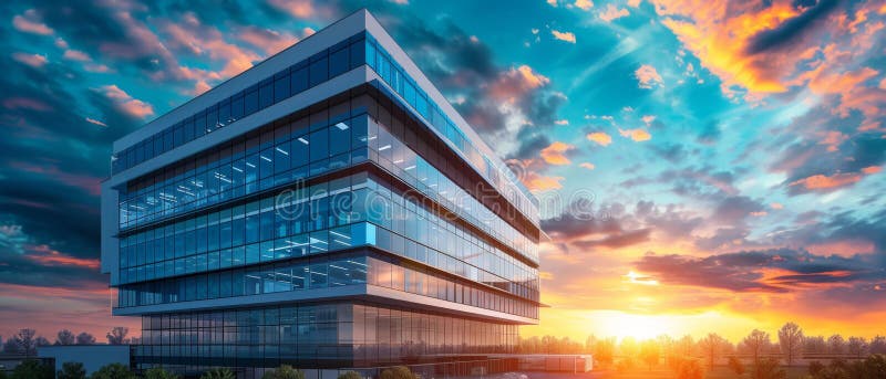 Modern Office Building Thriving Against Vibrant Sunset Stock ...
