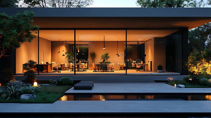 Modern Office Building Twilight Garden Peaceful Design Stock ...