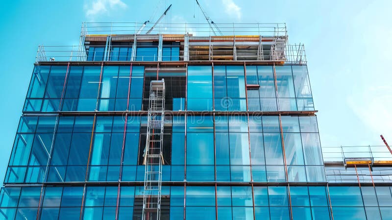 Modern Office Building Under Construction with Glass Facade and Crane ...