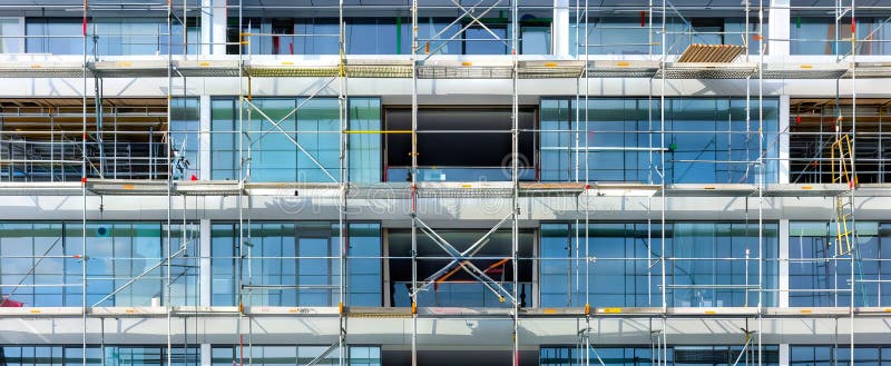 Modern Office Building Under Construction with Scaffolding Reflecting ...