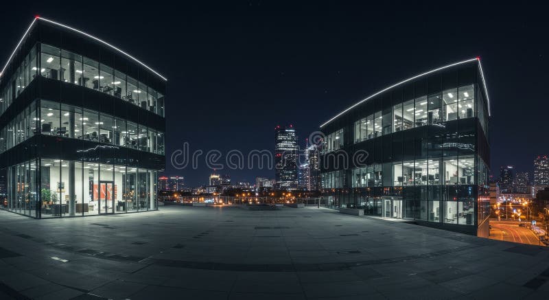 Modern Office Buildings at Night Two Sleek Modern Office Buildings ...