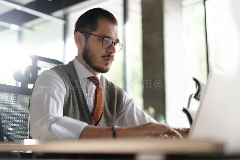 Modern Office Businessman Working on Computer. Portrait of Successful ...