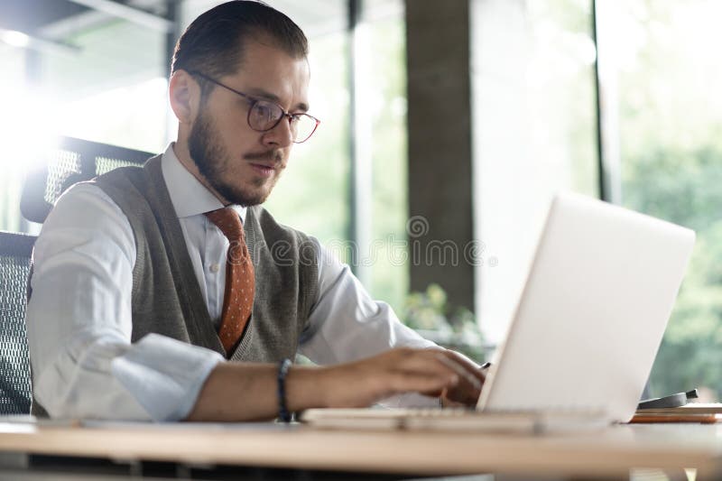 Modern Office Businessman Working on Computer. Portrait of Successful ...