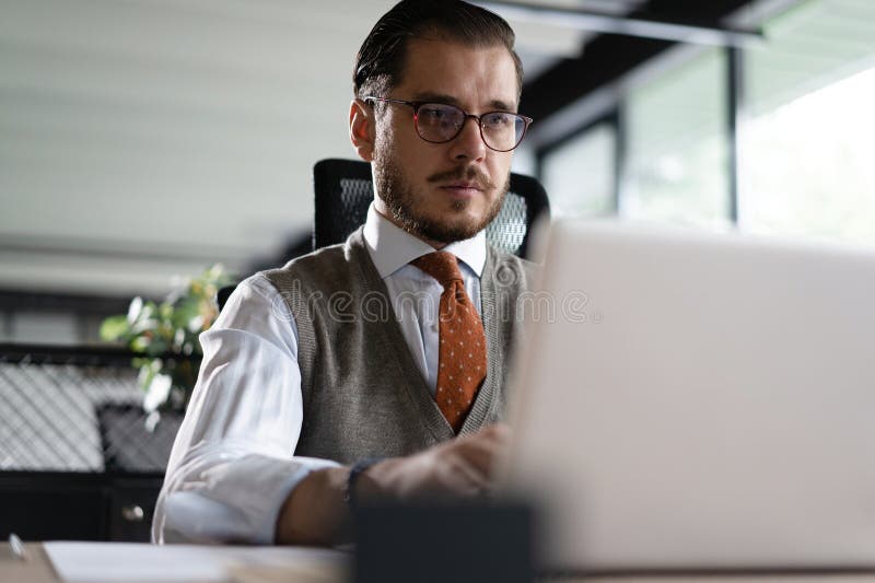 Modern Office Businessman Working on Computer. Portrait of Successful ...