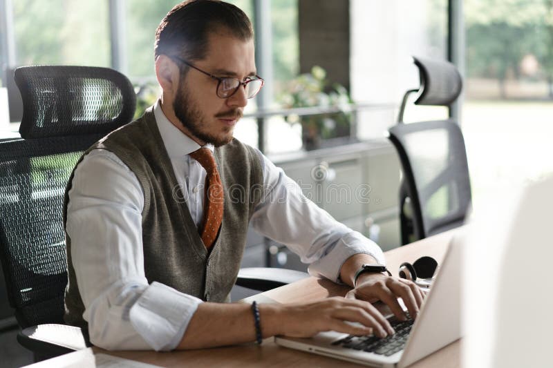 Modern Office Businessman Working on Computer. Portrait of Successful ...