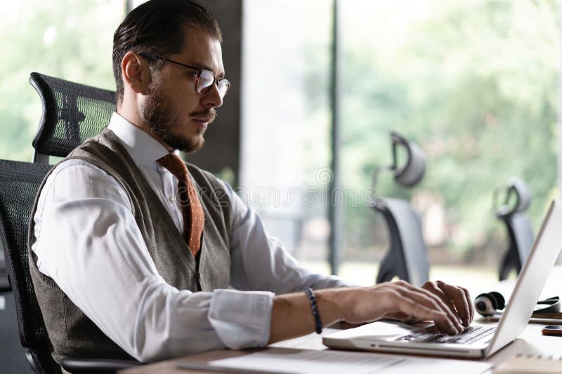 Older Busy Businessman Writing Notes Learning Online Sitting at Office ...