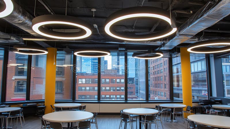 Modern Office Cafeteria with City View, Circular Lights Stock Image ...