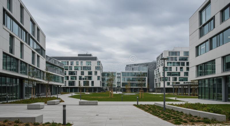 Modern Office Campus Courtyard with Gray Buildings Stock Illustration ...