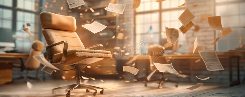 A Modern Office Chair with Documents Flying Around it Stock Photo ...