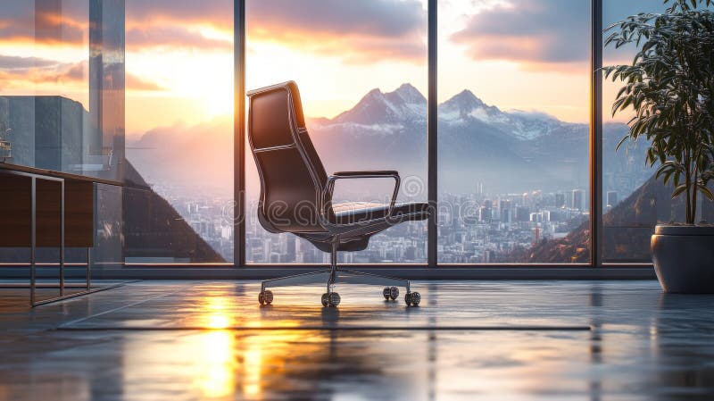 Modern Office Chair Overlooking Cityscape Sunrise Stock Illustration ...