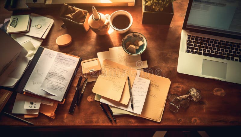 Modern Office Chaos Laptop, Paper, Pen, Coffee, Teamwork, Creativity ...