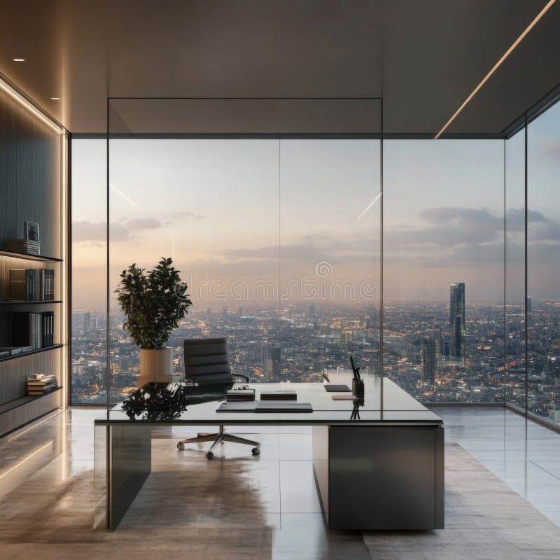 Modern Office with City Skyline View Stock Illustration - Illustration ...