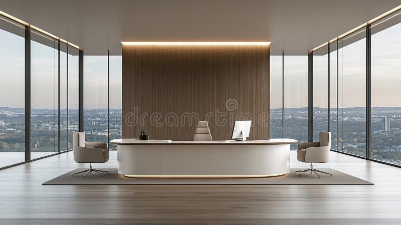 Modern Office, City View, Desk, Chairs, Sunset Stock Illustration ...
