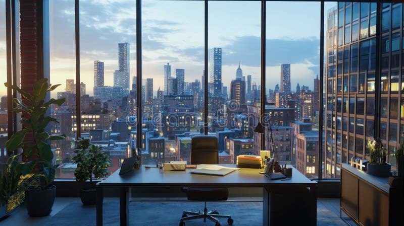 Modern Office with City View at Dusk Stock Illustration - Illustration ...