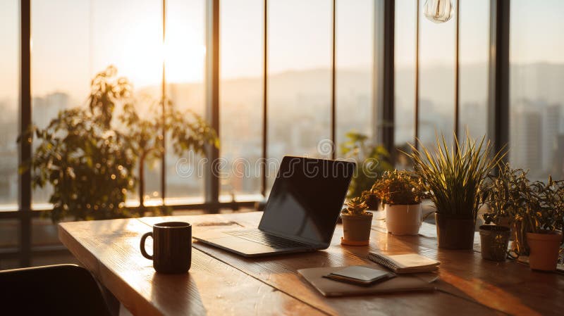 Modern Office with City View and Plants at Sunset Stock Photo - Image ...