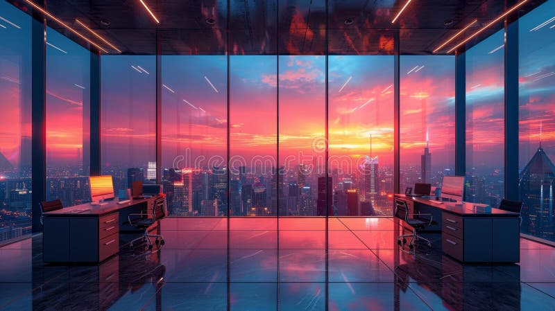 Modern Office with City View at Sunset - Generative Ai Stock ...