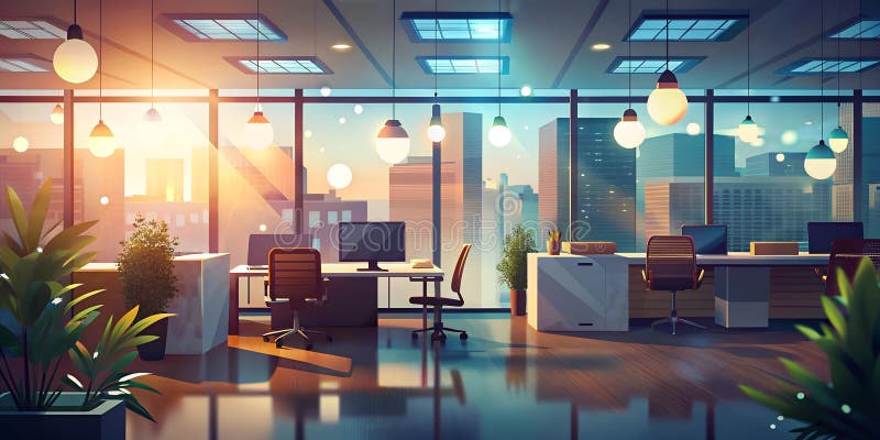 Modern Office with a City View and Warm Sunlight Stock Illustration ...
