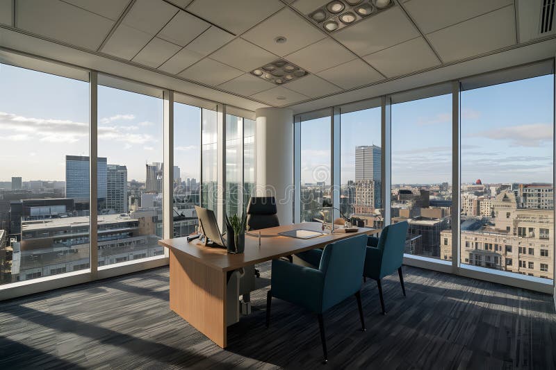 Modern Office with City Views, Tech, Cozy Seating, and Natural Light ...