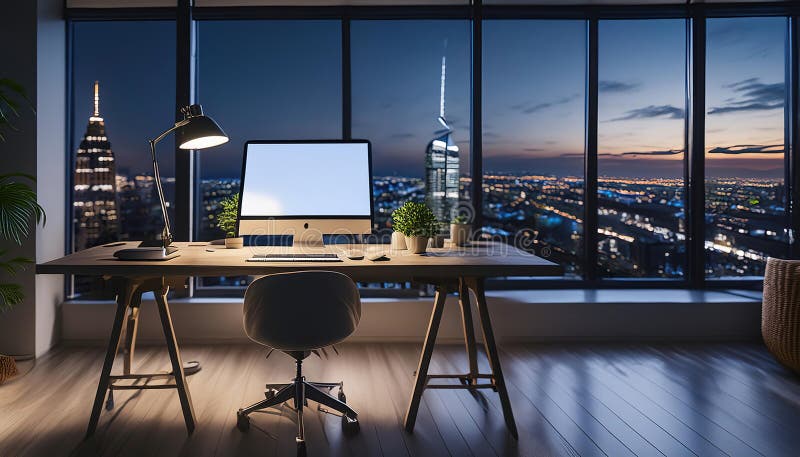 Modern Office with Cityscape View Stock Illustration - Illustration of ...