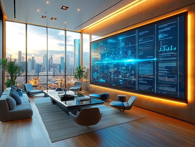 Modern Office with Cityscape View, Large Digital Display Showing ...