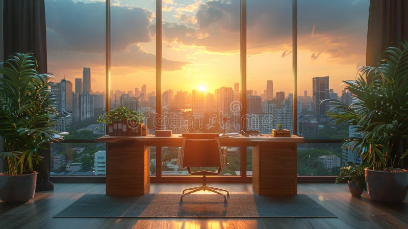 Modern Office with Cityscape View at Sunset - Generative Ai Stock ...