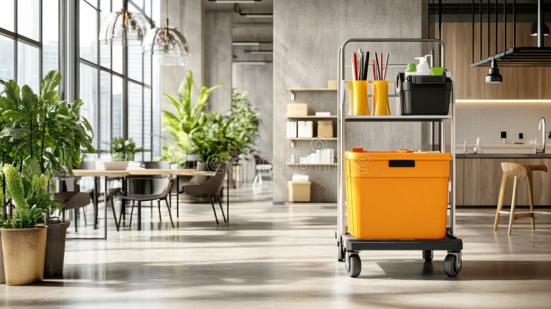 Modern Office Cleaning Trolley with Supplies Enhancing Workspace ...
