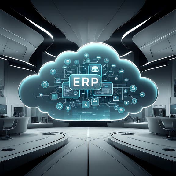 Modern Office and Cloud Computing Concept. Software As a Service. ERP. Enterprise Resources ...
