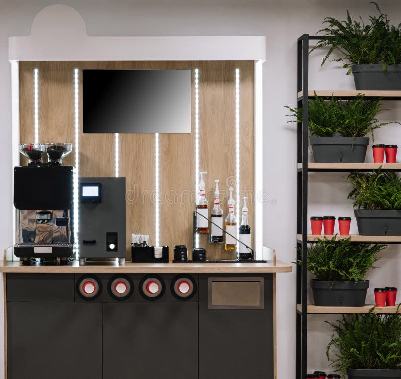 Modern Office Coffee Station with Plants Stock Image - Image of ...