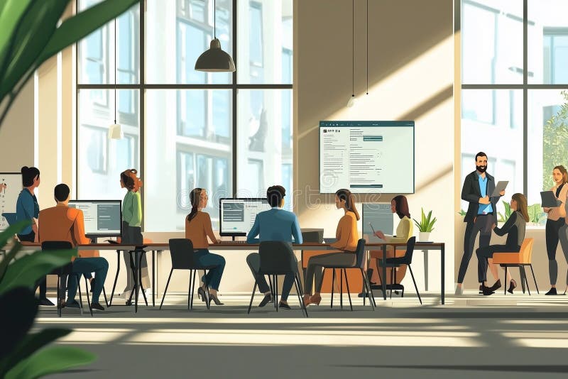 Modern Office Collaboration Scene Stock Illustration - Illustration of ...