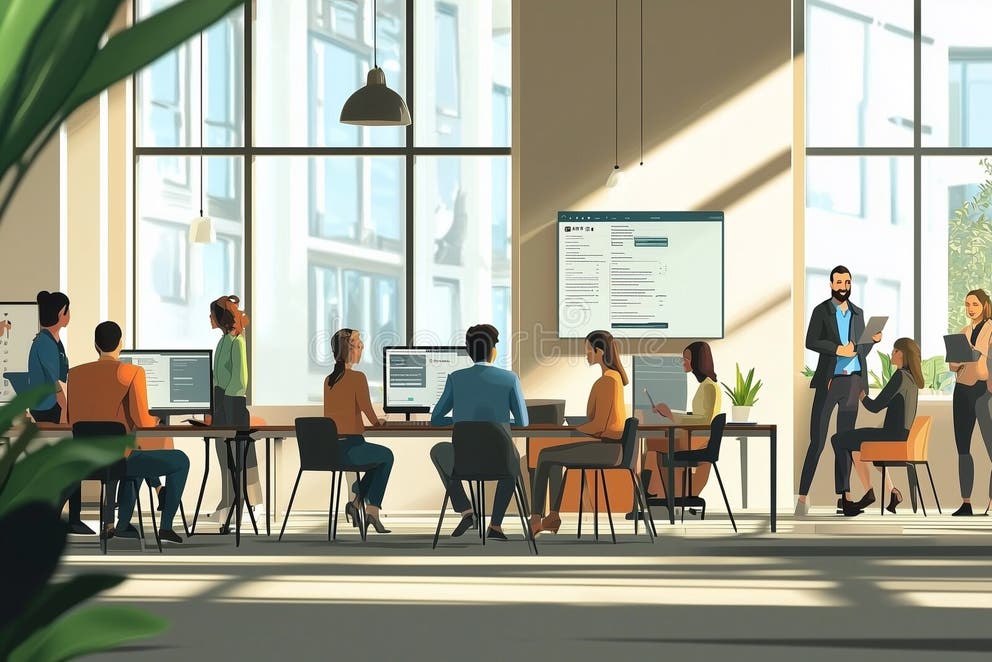 Modern Office Collaboration Scene Stock Illustration - Illustration of ...