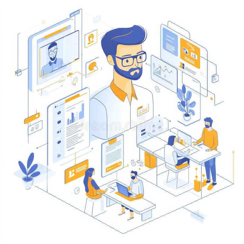 Modern Office Collaboration and Virtual Teamwork Stock Illustration ...