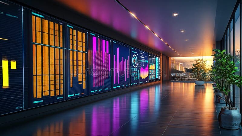 Modern Office with Colorful Digital Displays Showcasing Data ...