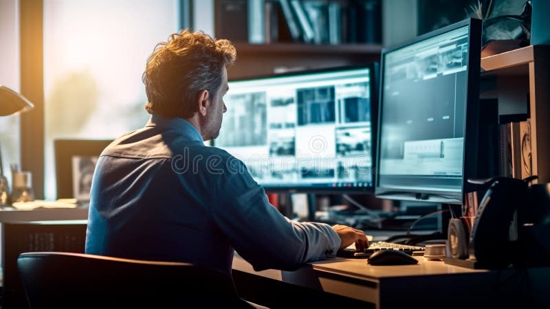 Committed Man Sits at His Desk, Engrossed in His Work on Computer ...