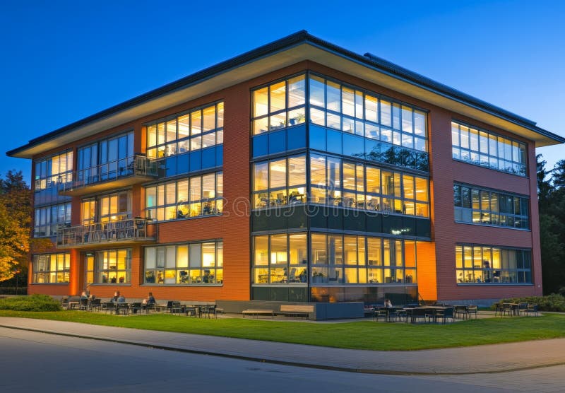 A Modern Office Complex Adorned with Green Grass, Trees, and a Bench ...