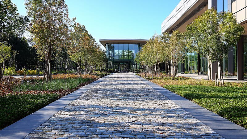 Modern Office Complex Entryway, Landscaped Grounds Stock Illustration ...