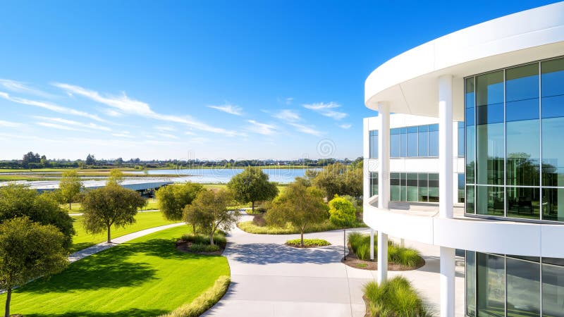 Modern Office Complex Features Greenery and a Serene Water View Under a ...