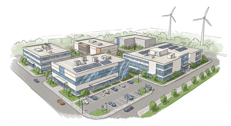 Modern Office Complex Illustration Featuring Three Main Square-shaped ...