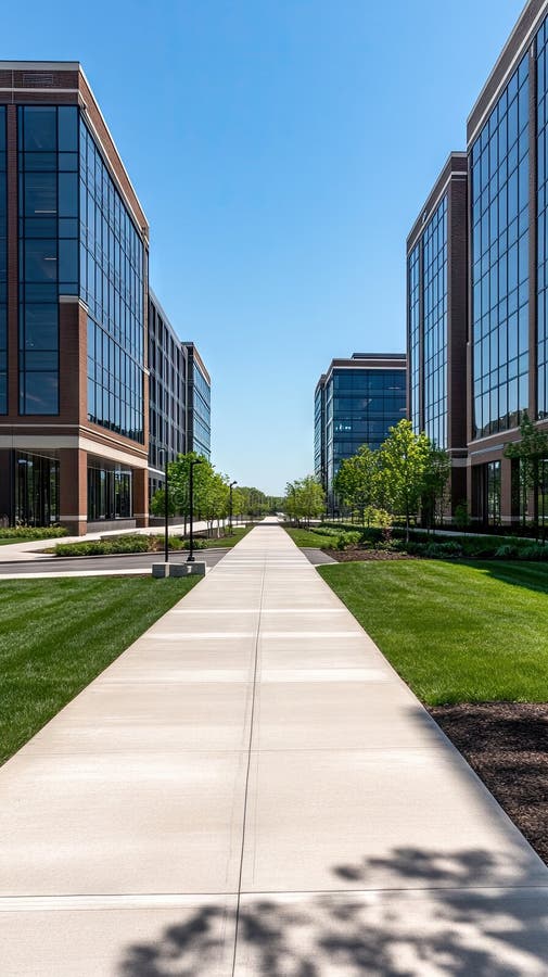 Modern Office Complex with Striking Glass Facades Surrounded by Lush ...