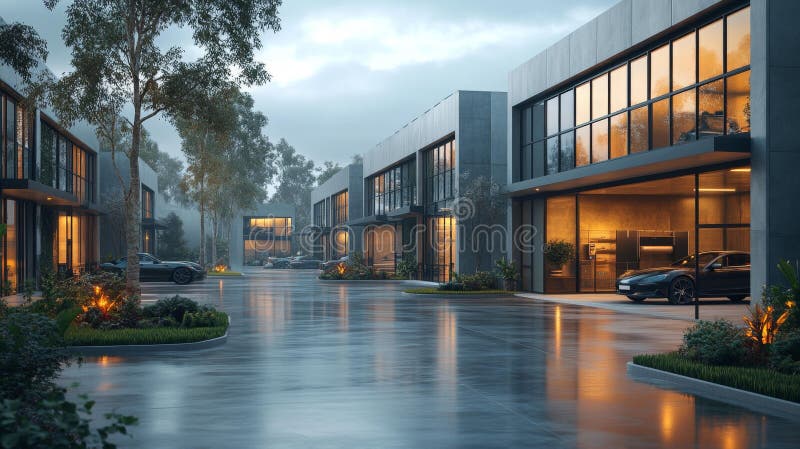 Modern Office Complex at Sunset Generative AI Stock Illustration ...