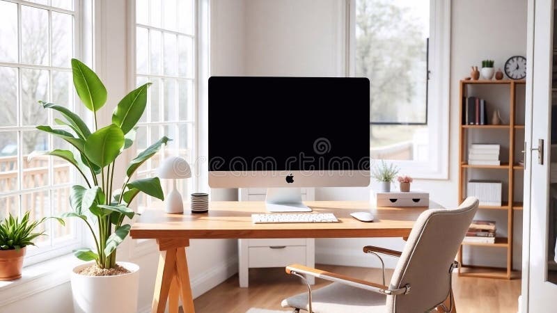 Modern Office with Computer on Desk Stock Illustration - Illustration ...