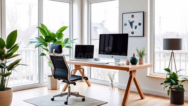 Modern Office with Computer on Desk Stock Illustration - Illustration ...