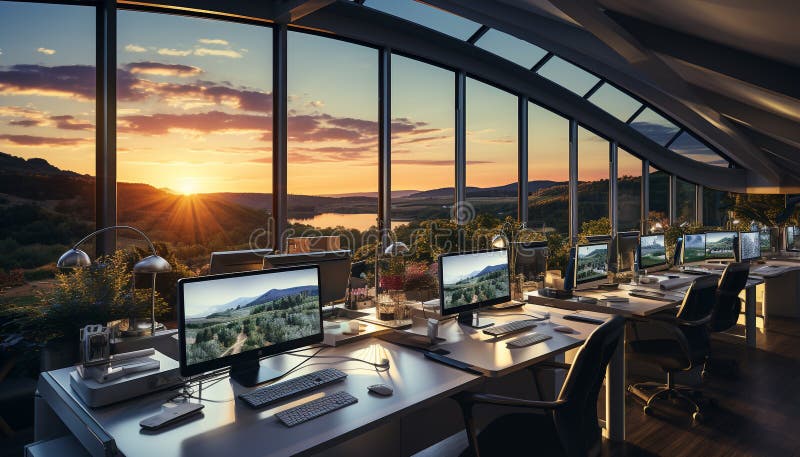 Modern Office with Computer Monitor, Desk, and Panoramic Cityscape ...