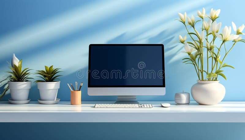 Modern Office with Computer Monitor, Desk, and Plant Decoration ...