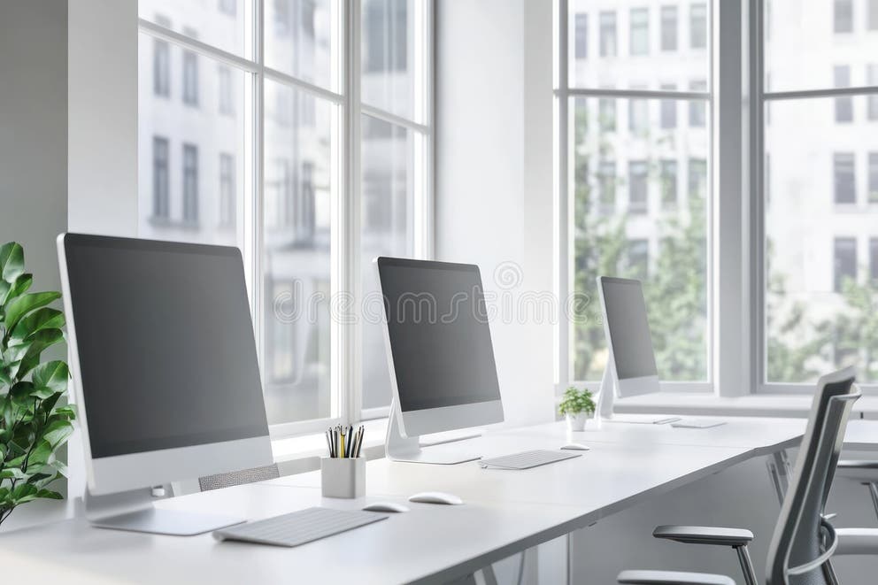 Modern Office with Computer Monitors on Desks Near Large Windows ...